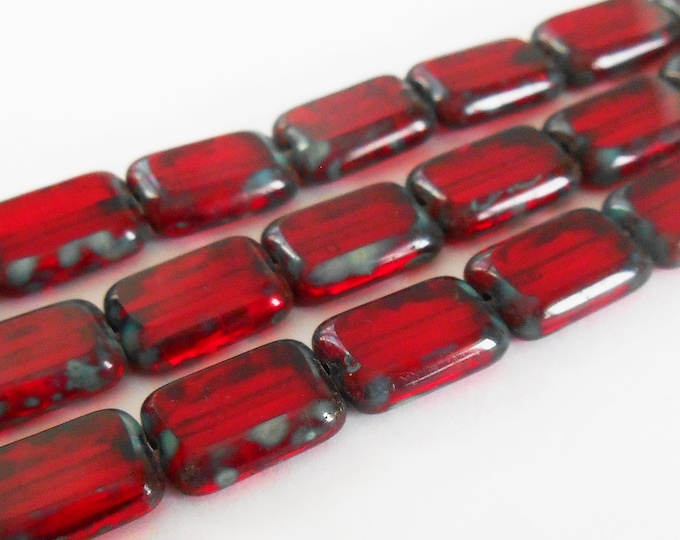 Last 5 Siam Red Transparent Picasso 12x8mm Rectangle Beads, Table Cut ...