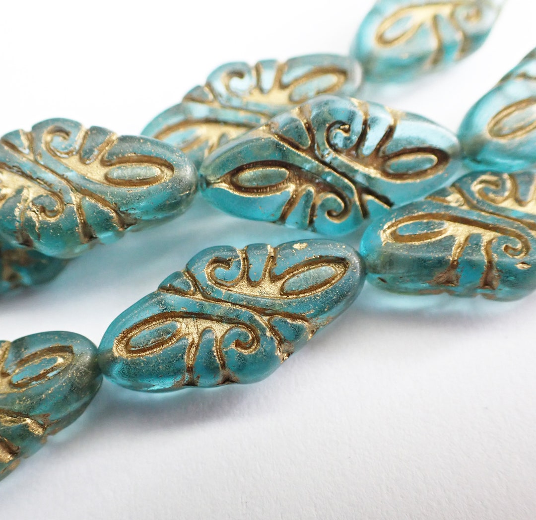 6 Matte Aqua Blue & Gold 19x9mm Arabesque Beads, Diamond, Translucent ...