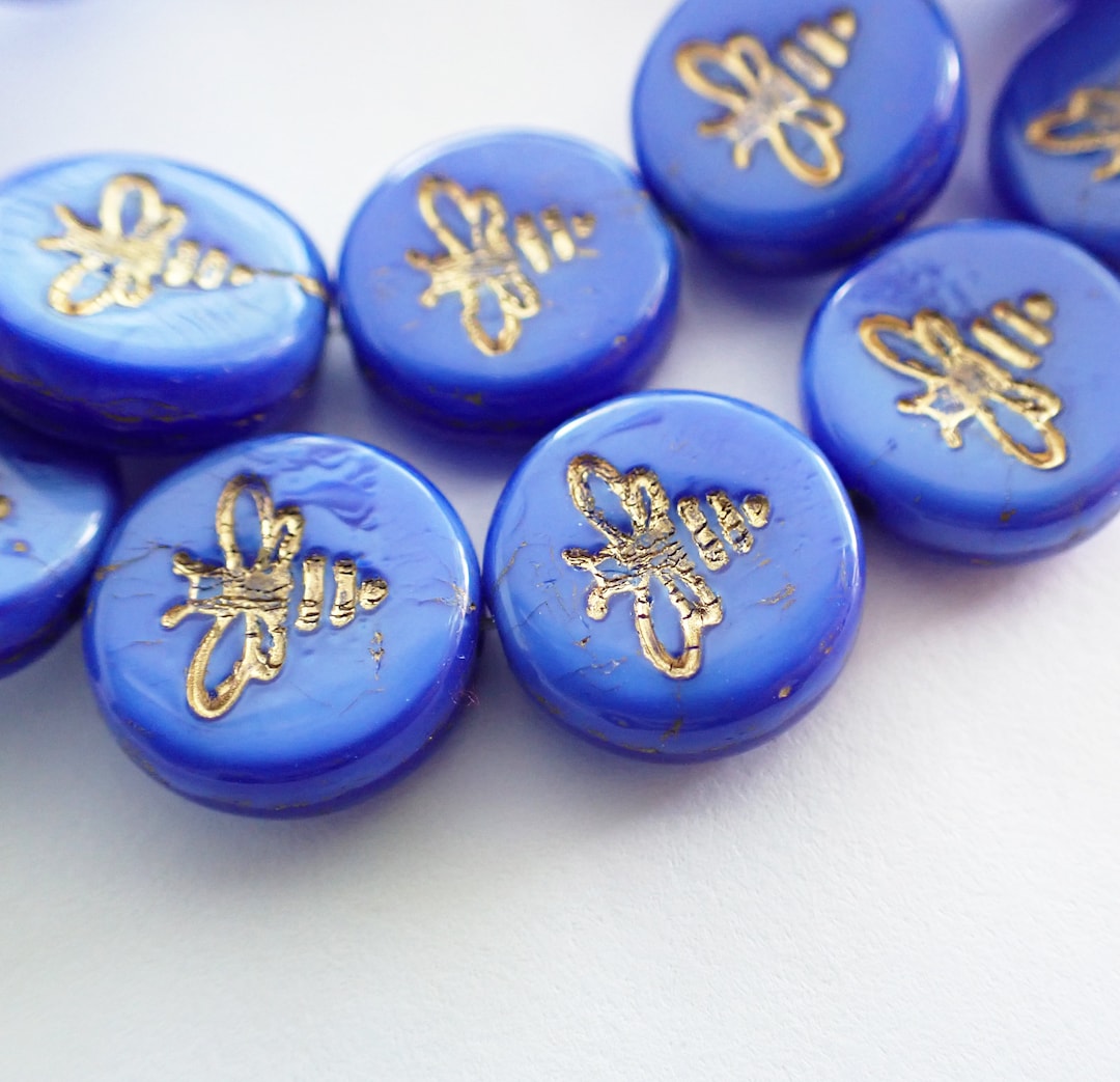 6 - Little Bee 12mm Sapphire Blue & Gold Coin Beads, Opaque, Czech ...