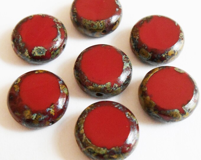 6 Dark Red Picasso 11mm Table Cut Coin Beads, Opaque, Czech Republic ...