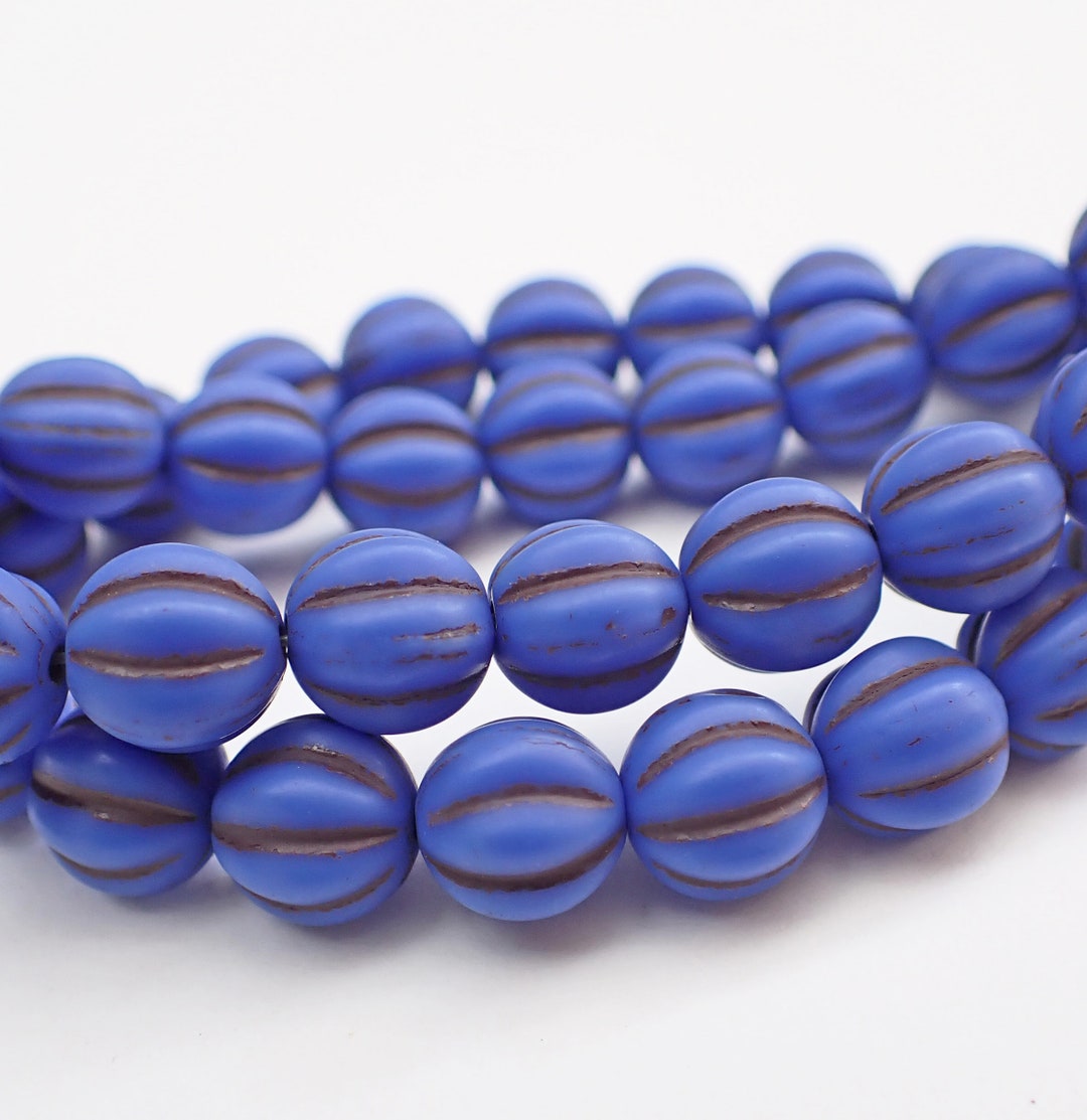 8 Matte Indigo Blue 8mm Ribbed Round Melon Beads, Dark Brown Wash ...
