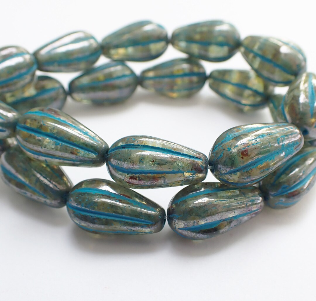 4 - Green & Turquoise 15x8mm Melon Teardrop Beads, Transparent, Czech ...