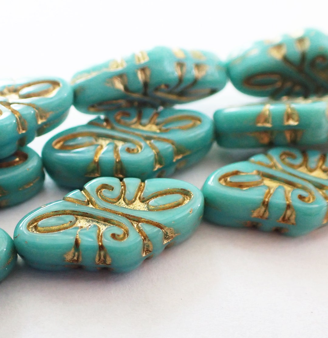 4 - Turquoise & Bronze 19x9mm Arabesque Beads, Diamond, Opaque, Czech ...