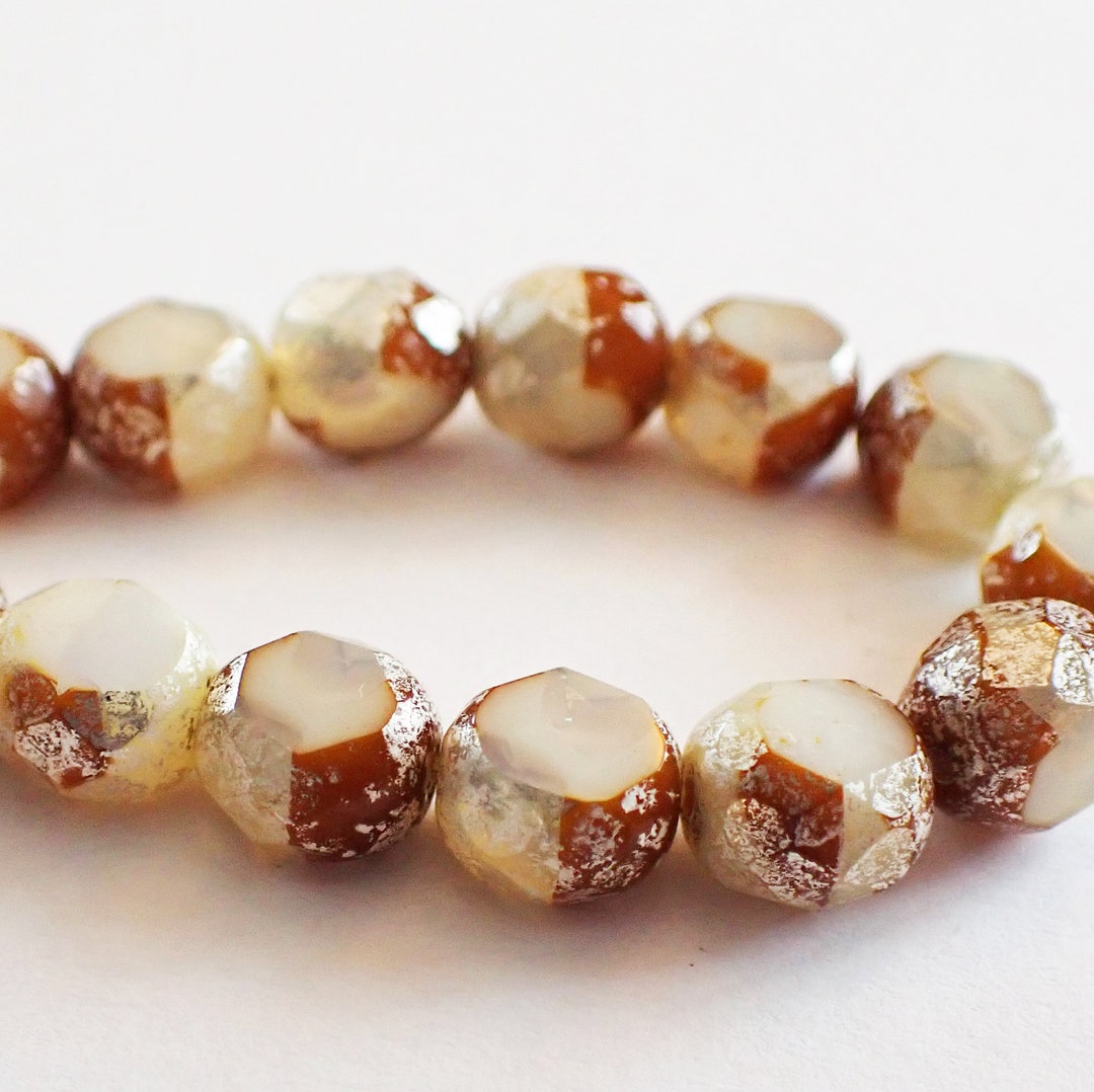 15 Ivory & Brown, Mercury Finish 8mm Beveled Faceted Oval Beads ...