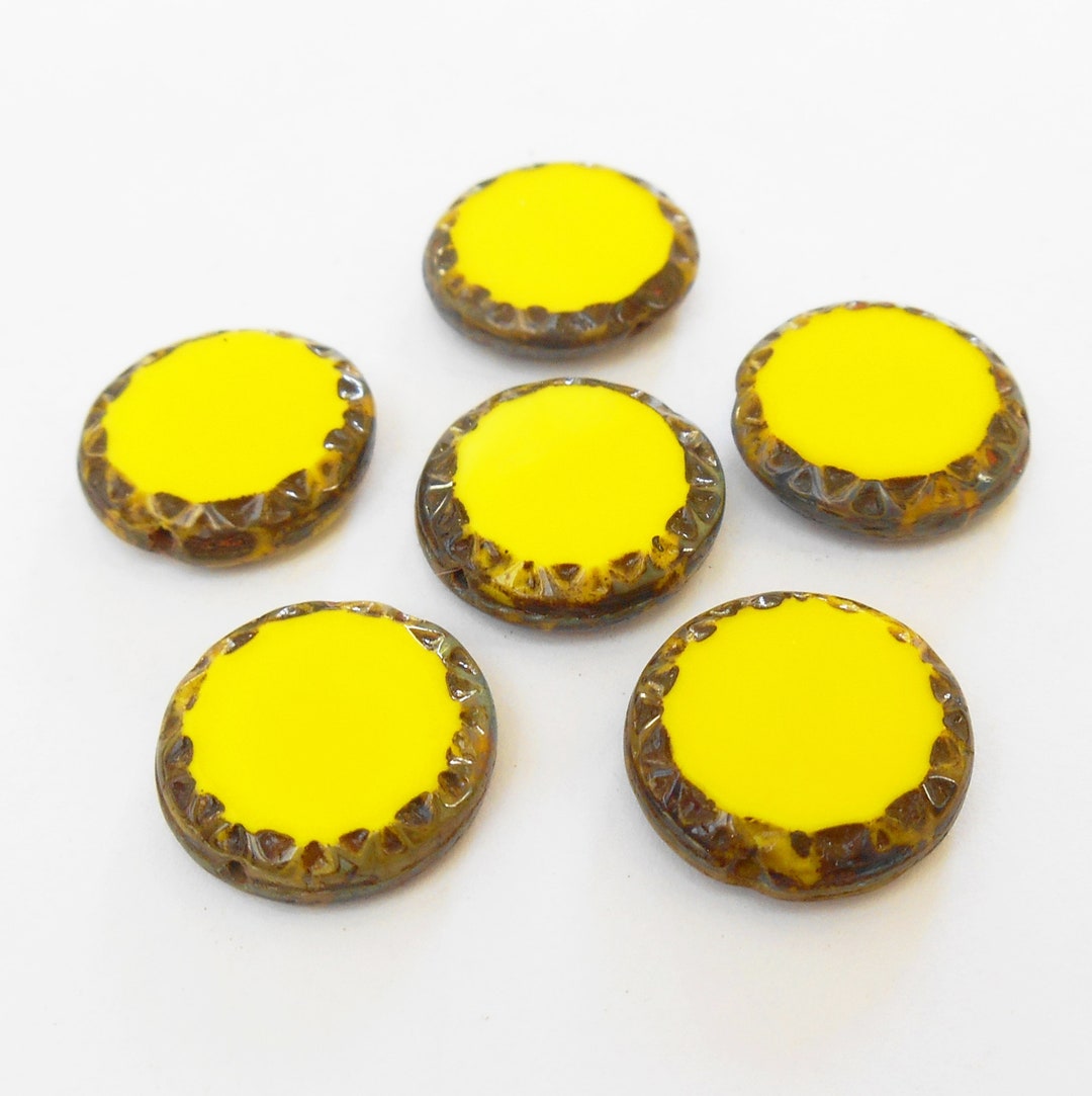 BULK SALE 20 Yellow Picasso Mayan Sun 16mm Coin Beads, Opaque Table Cut ...
