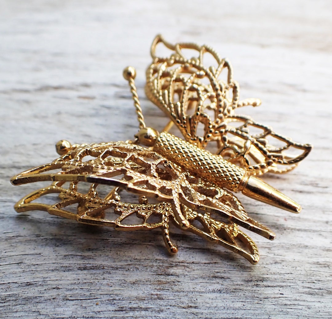 Vintage Monet Butterfly Brooch Pin, Gold Tone, Double Wings, Estate And ...