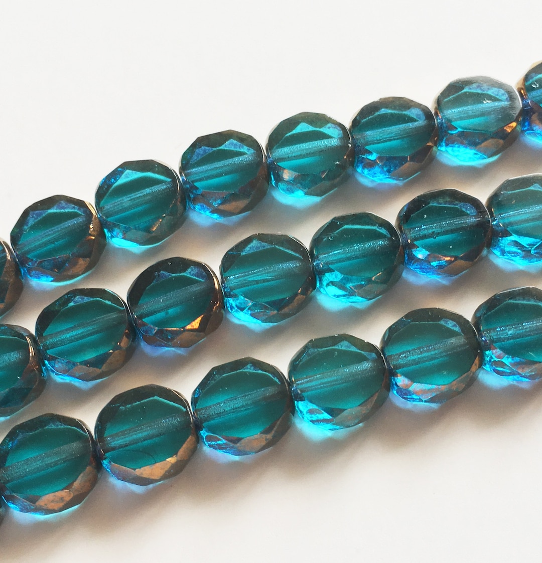 6 - Blue Zircon 10mm Antiqued Bronze Faceted Table Cut Coin Beads ...