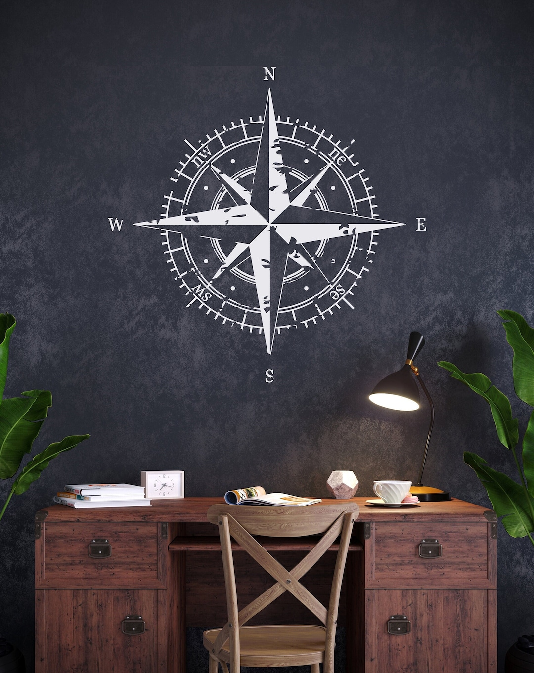 Vintage Compass Wall Decal, Compass Rose Decal, Nautical Compass Wall ...