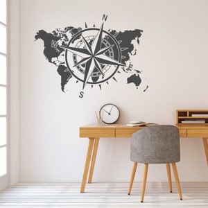 Large World Map Wall Decal, Compass Wall Decor for Home, World Map ...