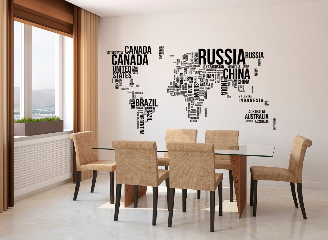 Large World Map Wall Decal, World Map With Countries Wall Decal, Travel ...
