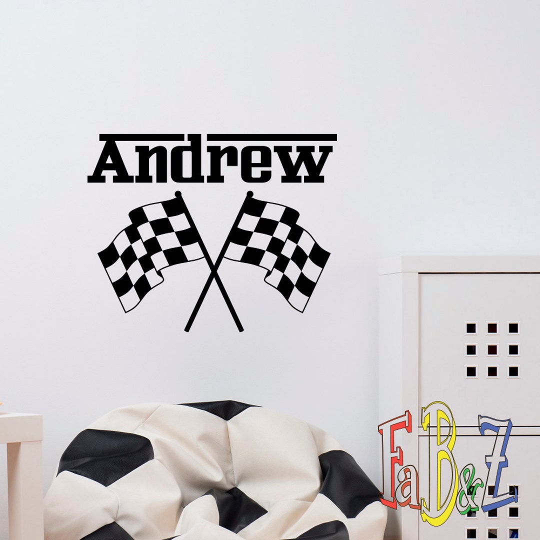 Checkered Flag Decal, Personalized Name Vinyl Wall Decals, Custom Boys ...