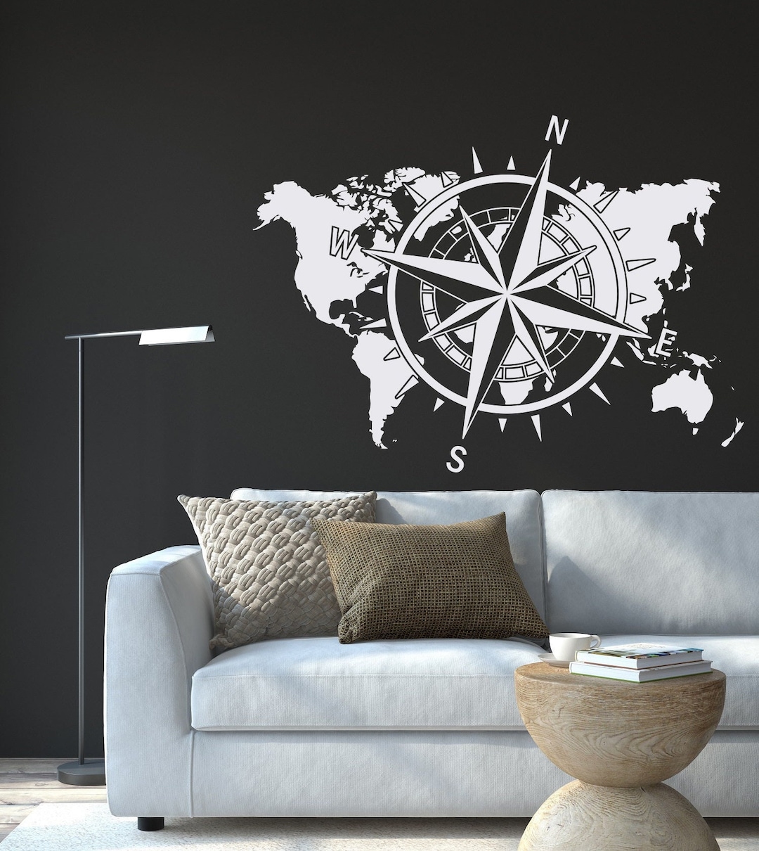 Large World Map Wall Decal, Compass Wall Decor for Home, World Map ...