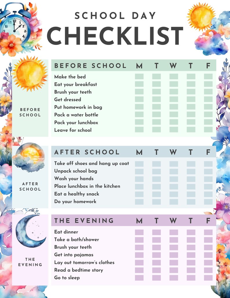 School Day Checklist - Etsy