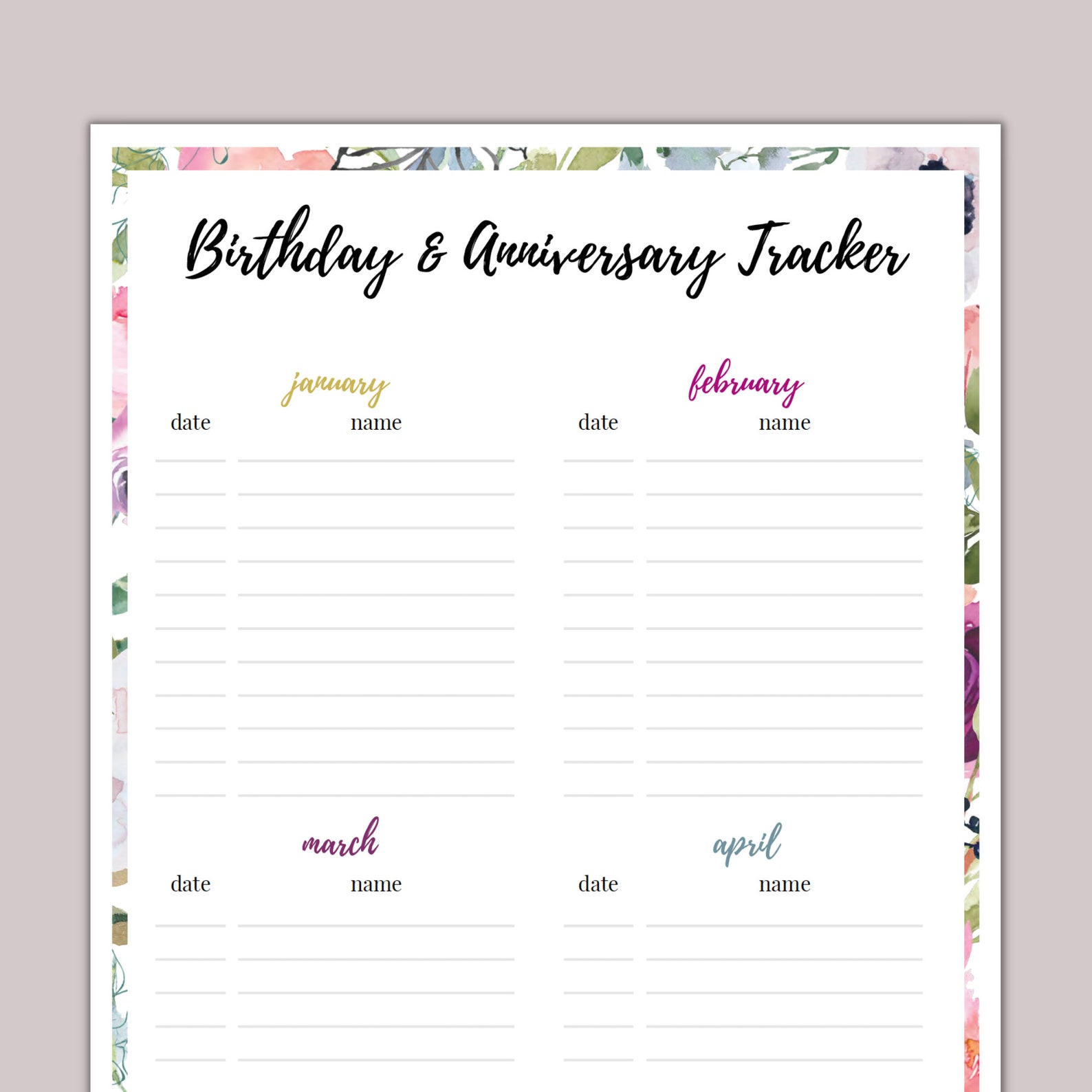 Printable Birthday Tracker, Editable Birthday and Anniversary Log ...