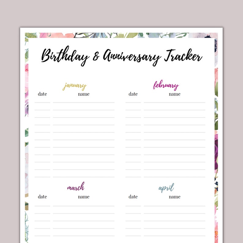 Printable Birthday Tracker, Editable Birthday and Anniversary Log ...