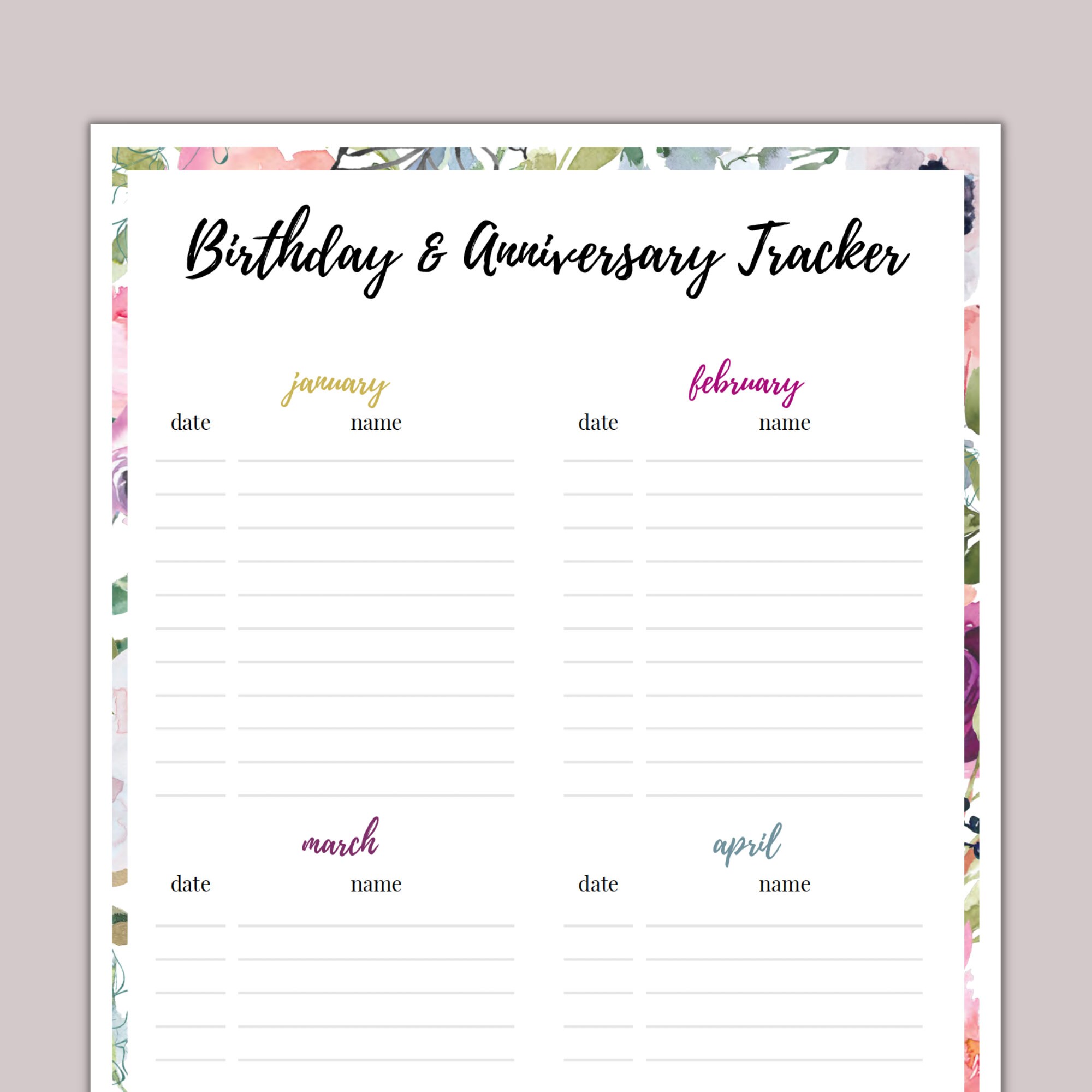 Printable Birthday Tracker, Editable Birthday and Anniversary Log ...