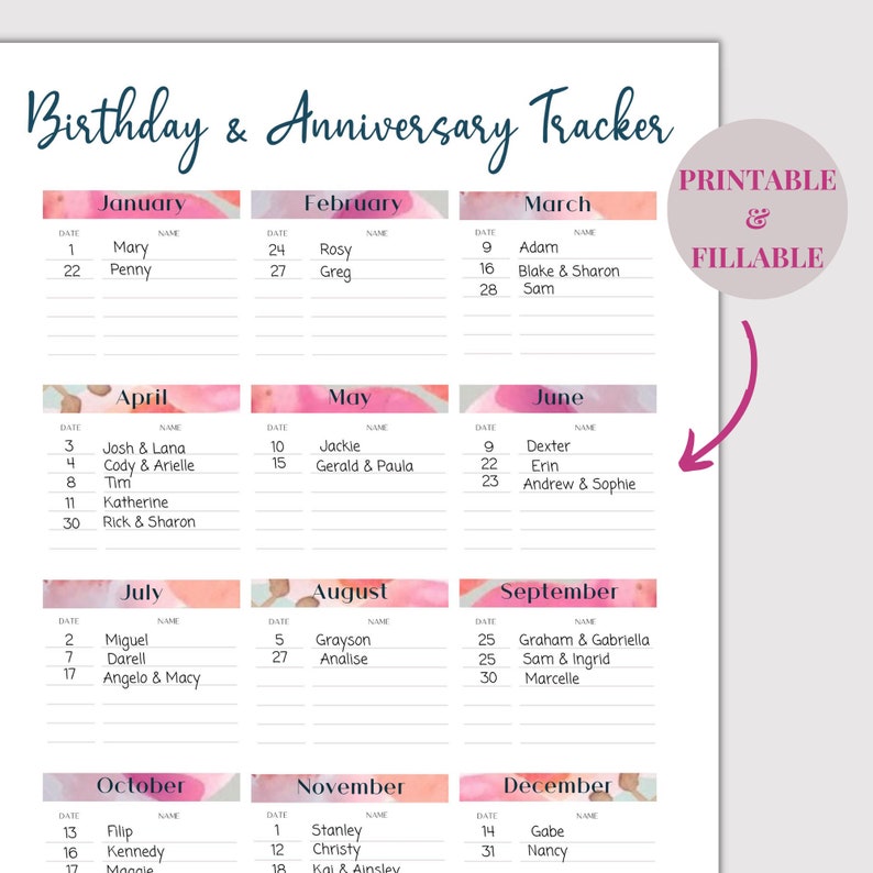 Birthday Tracker Printable, Perpetual Birthday Calendar, Printable ...