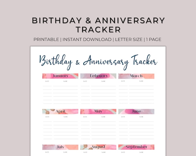 Birthday Tracker Printable, Perpetual Birthday Calendar, Printable ...