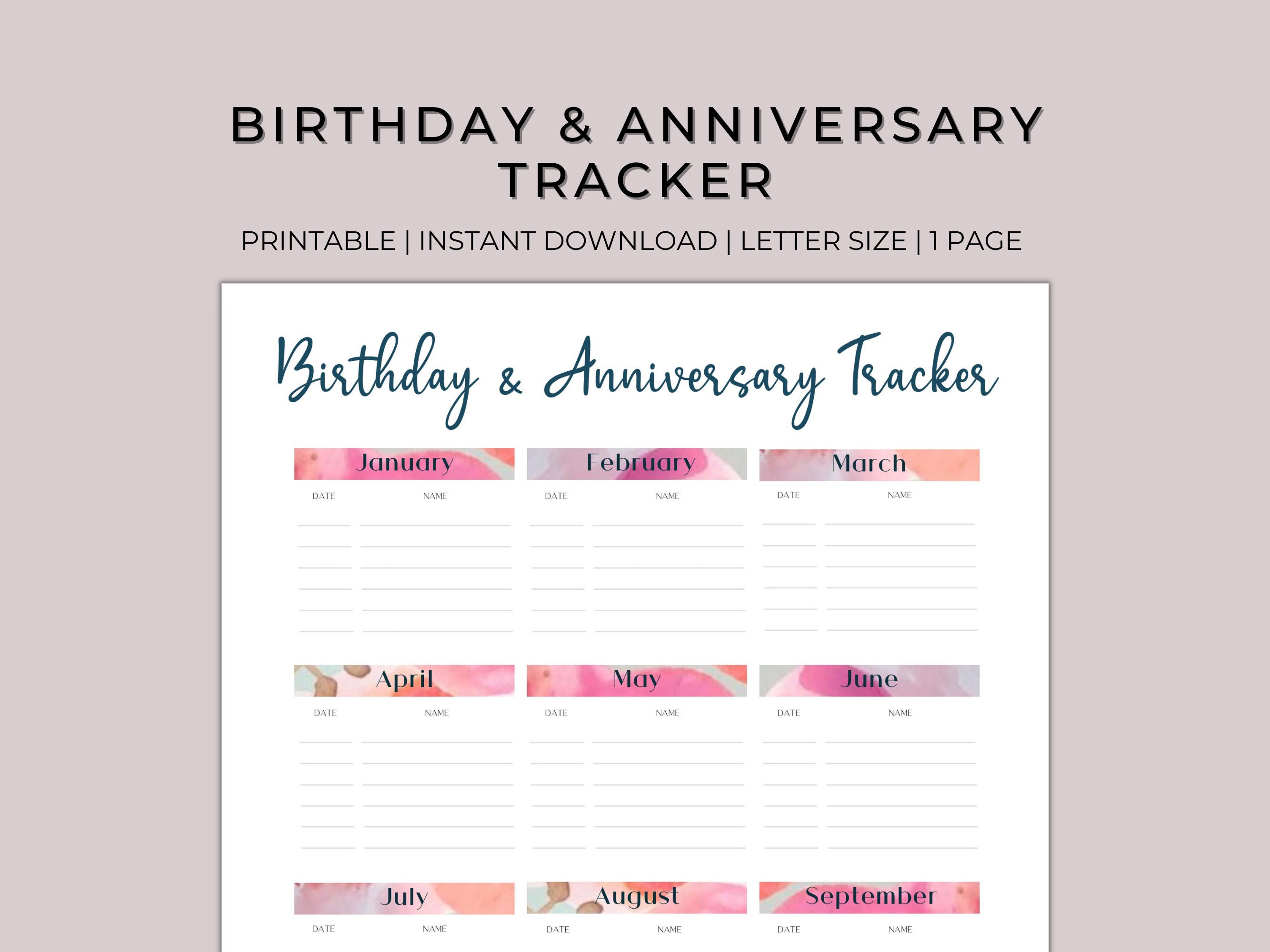 Birthday Tracker Printable, Perpetual Birthday Calendar, Printable ...