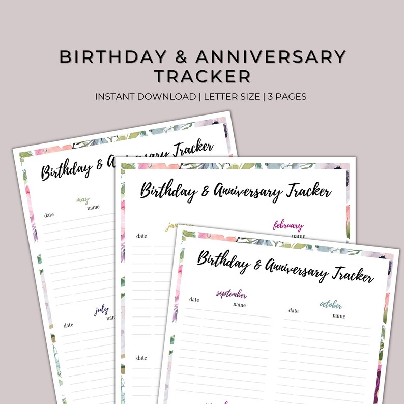 Printable Birthday Tracker, Editable Birthday and Anniversary Log ...