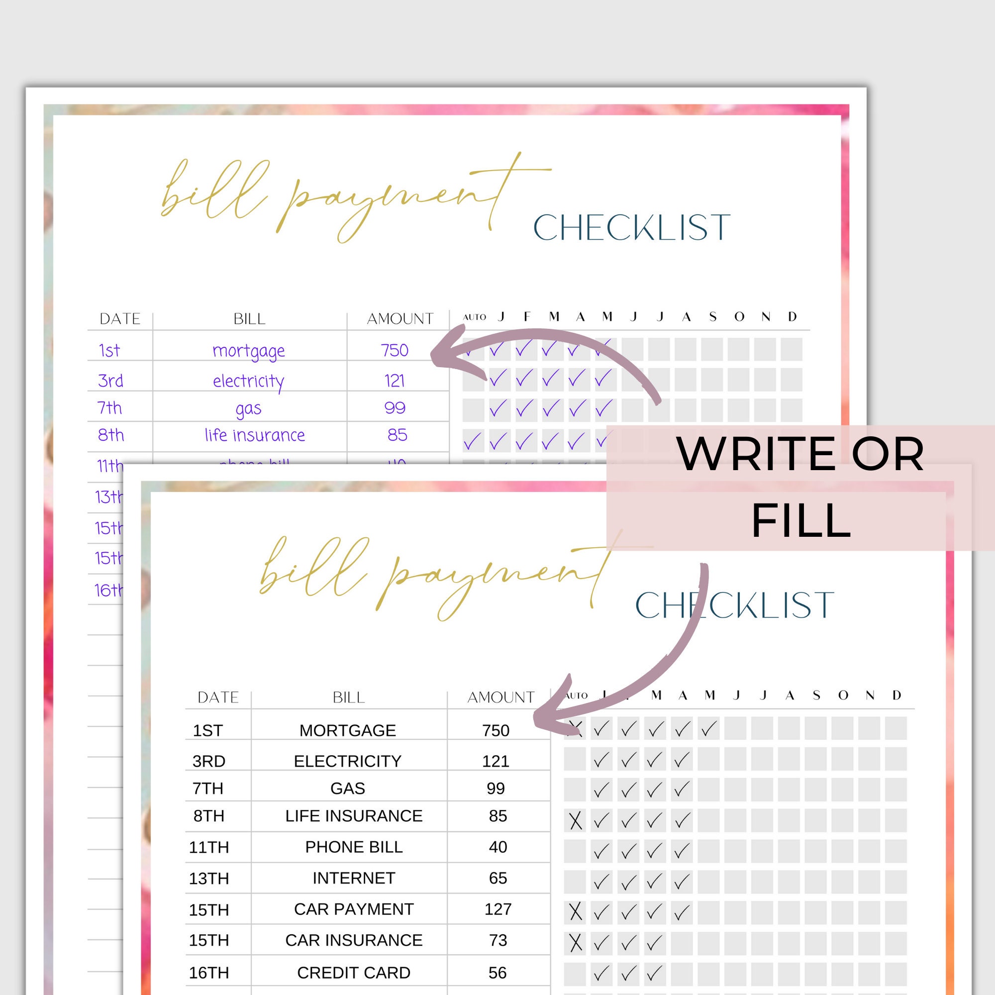 Bill Payment Tracker, Monthly Bill Tracker Printable, Editable Payment ...