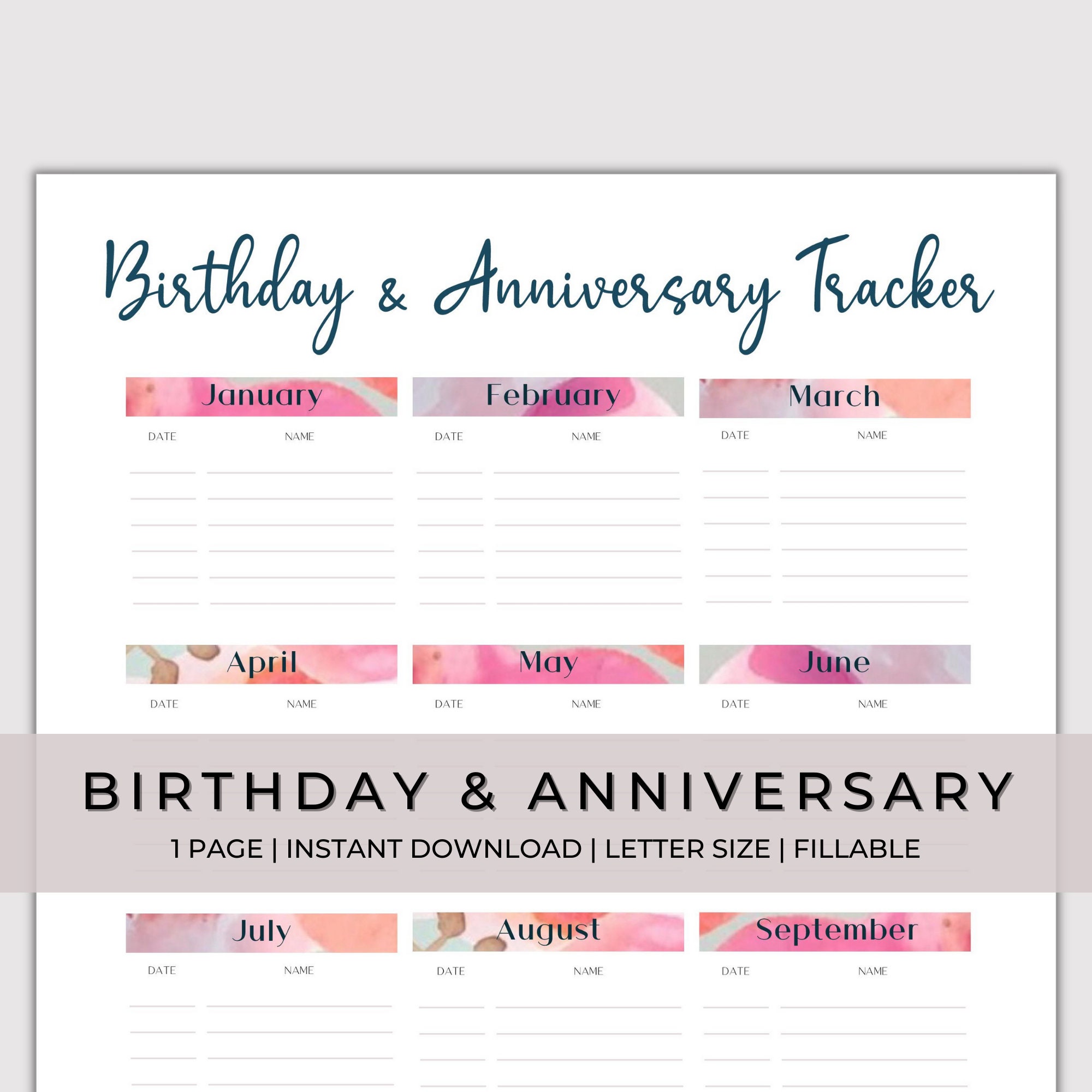 Birthday Tracker Printable, Perpetual Birthday Calendar, Printable ...