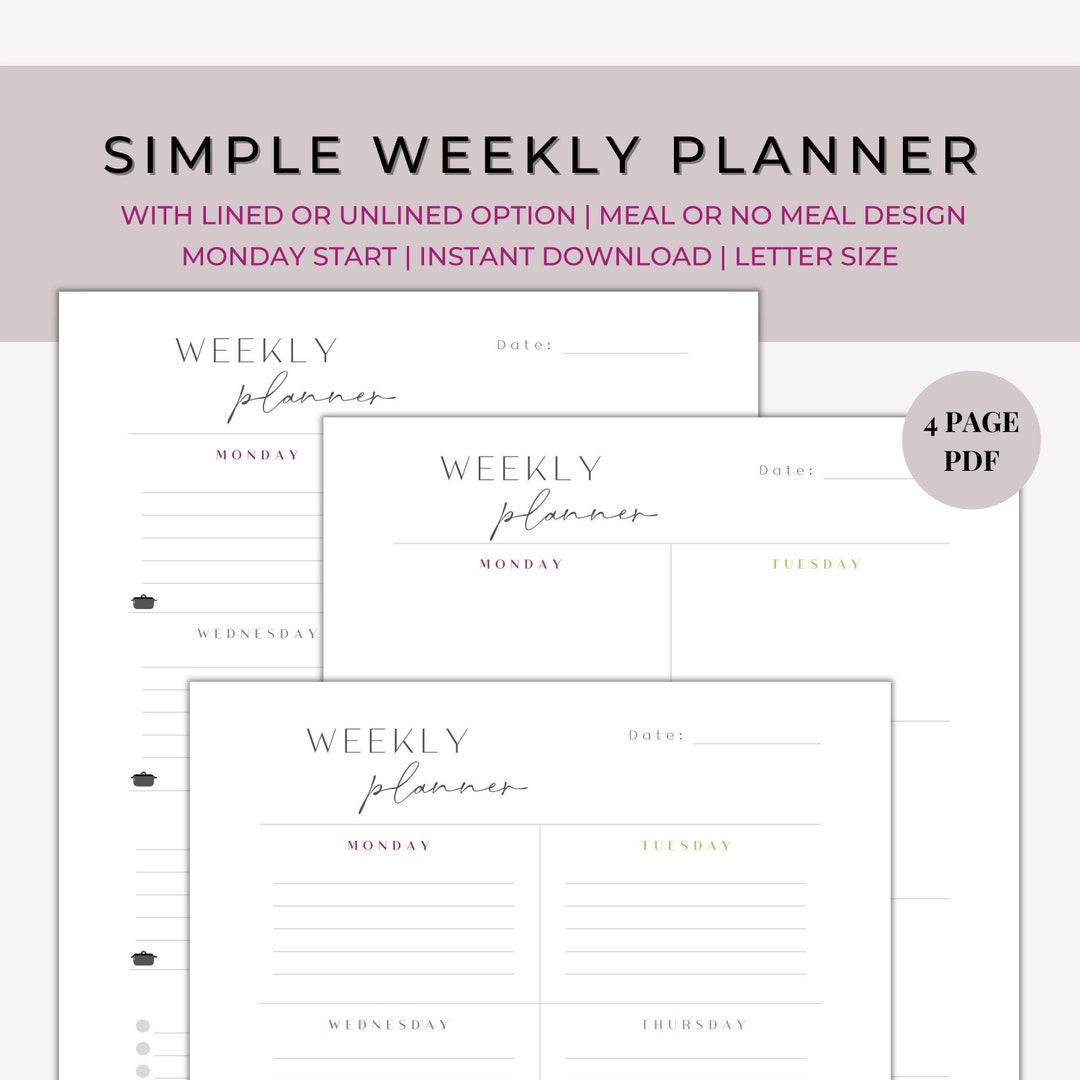 Simple Weekly Planner Printable, Minimal Color Design, Weekly Schedule ...