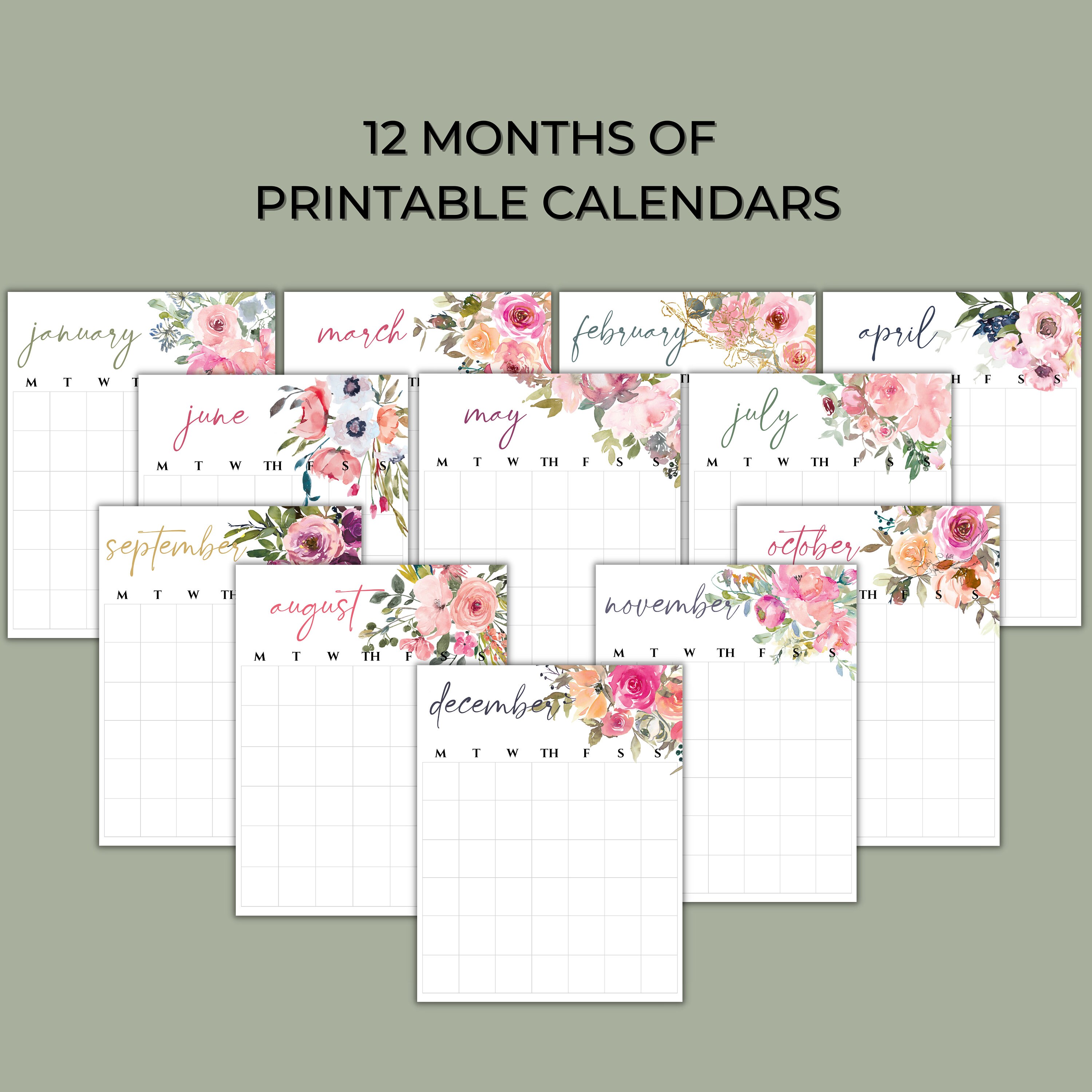 Undated Printable Monthly Calendars Pretty Floral - Etsy