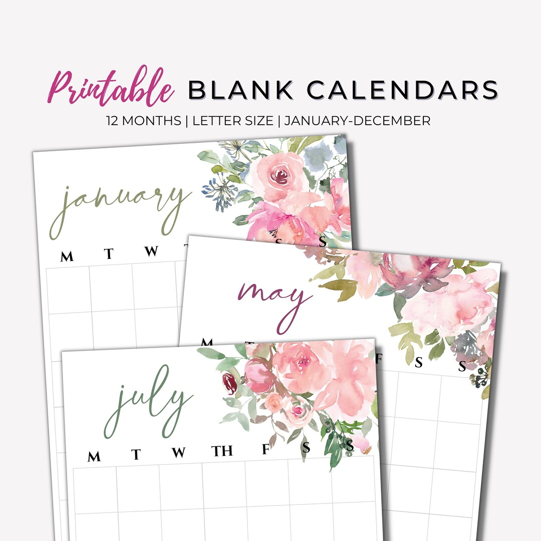 Undated Printable Monthly Calendars Pretty Floral - Etsy