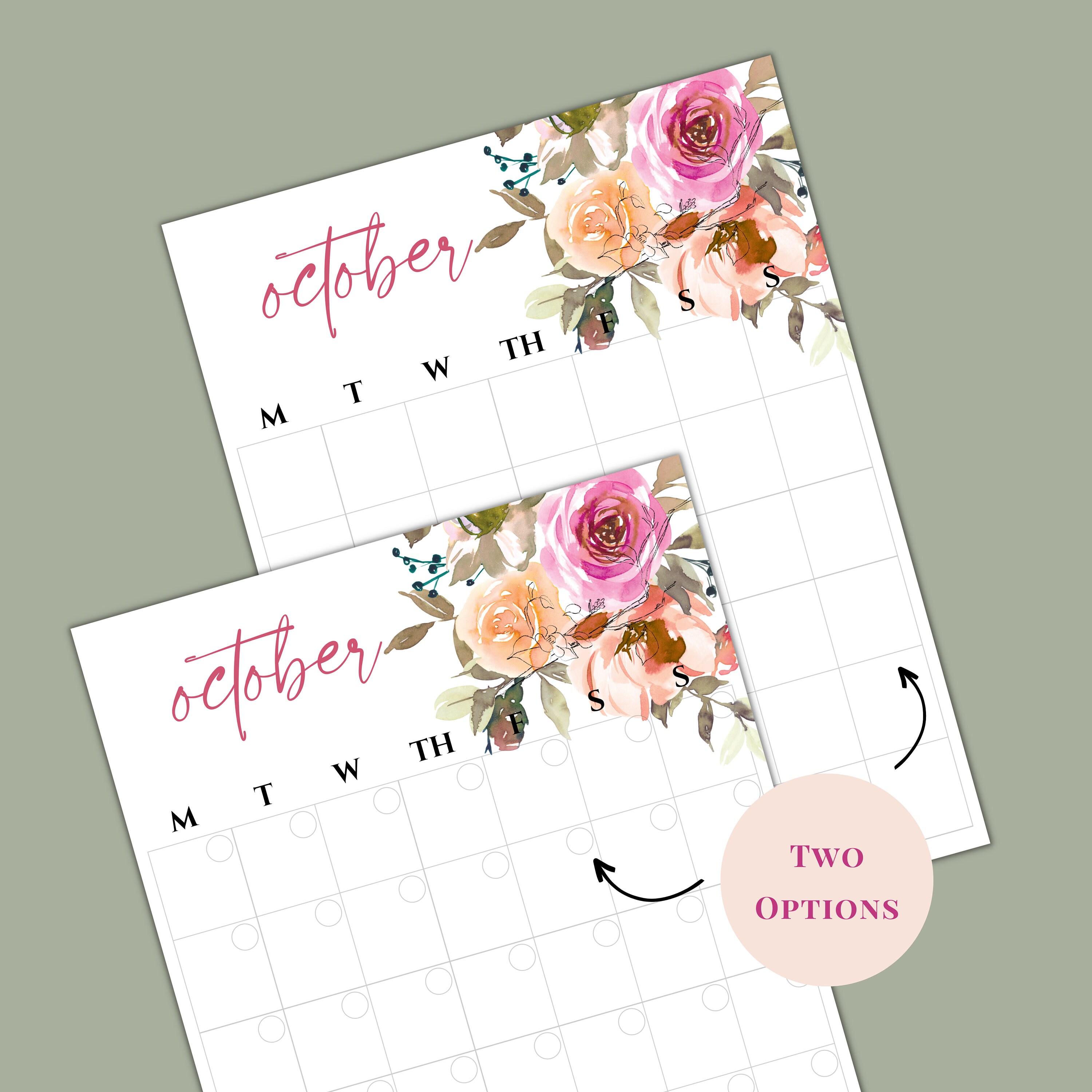 Undated Printable Monthly Calendars Pretty Floral - Etsy