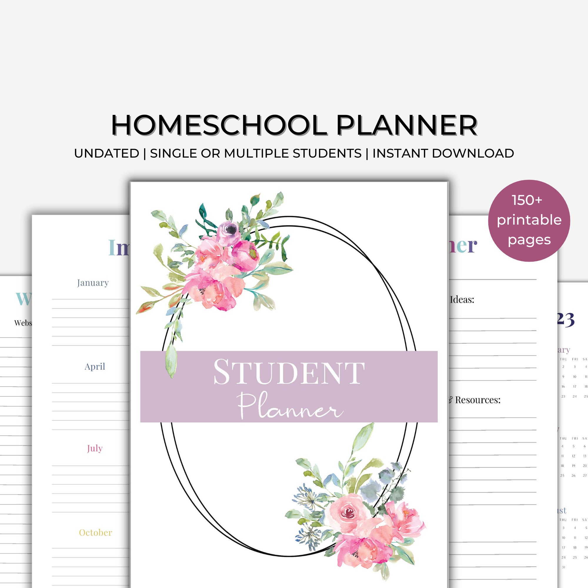 Floral Homeschool Planner Printable, Multiple or Single Student Lesson ...