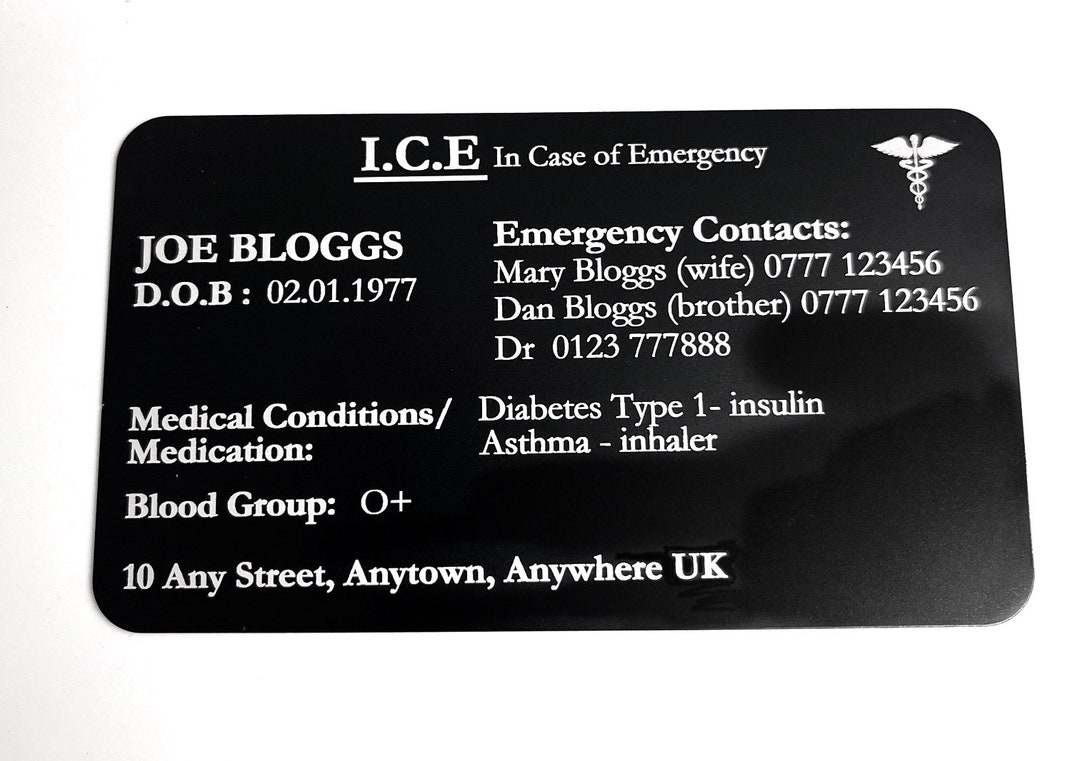 Emergency Card, Medical ID Card, Aluminium Engraved ICE Card, Custom ...