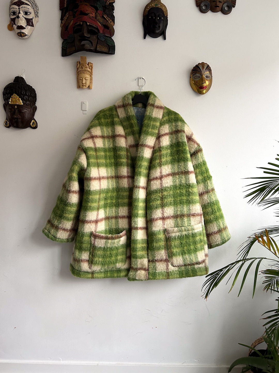 Handmade Oversized Wool Coat | Green Checkered Dutch Blanket Jacket ...