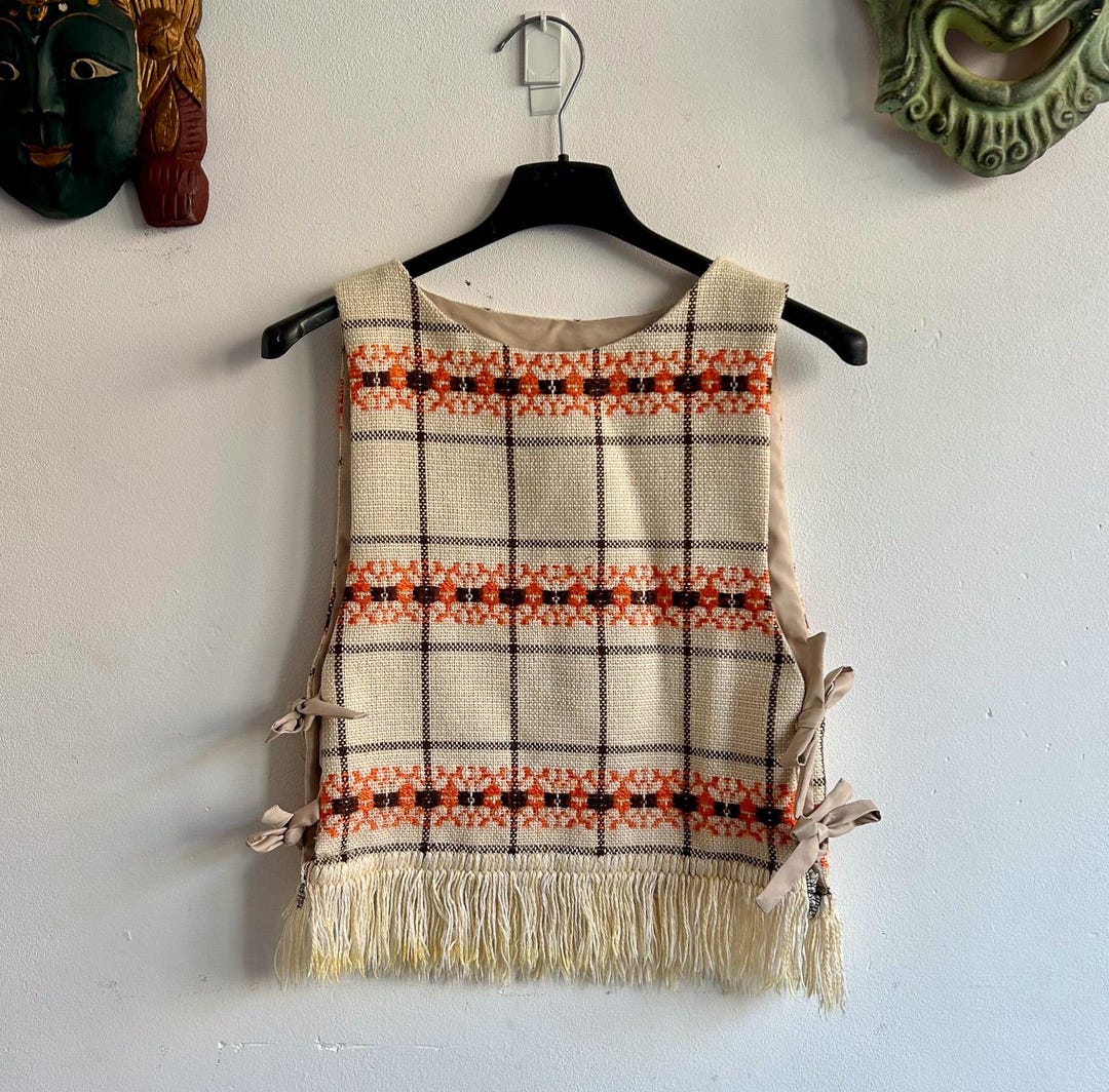 Retro 70s Upcycled Top | Beige & Orange Checkered Print With Fringe ...