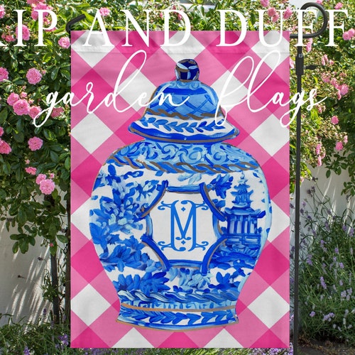 Ginger Jar in China Blue on Pink Gingham Garden Flag by Kip - Etsy