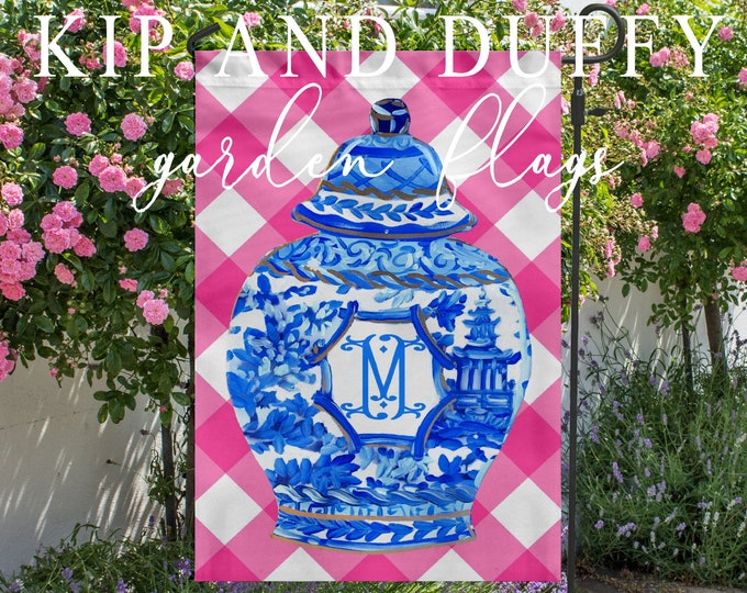 Ginger Jar in China Blue on Pink Gingham Garden Flag by Kip and Duffy ...