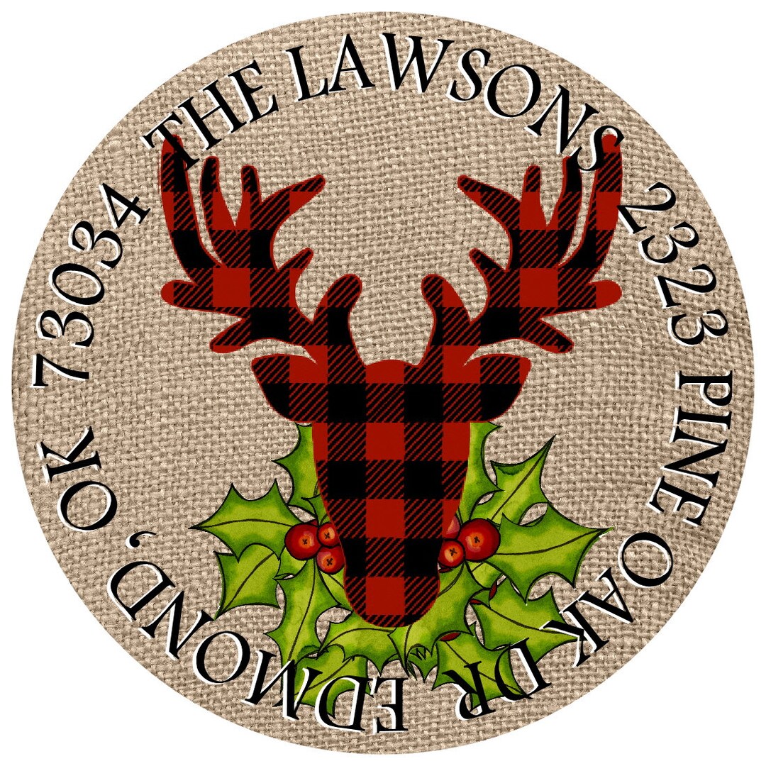 Red and Black Buffalo Check Deer Christmas Address Labels, Lumberjack ...
