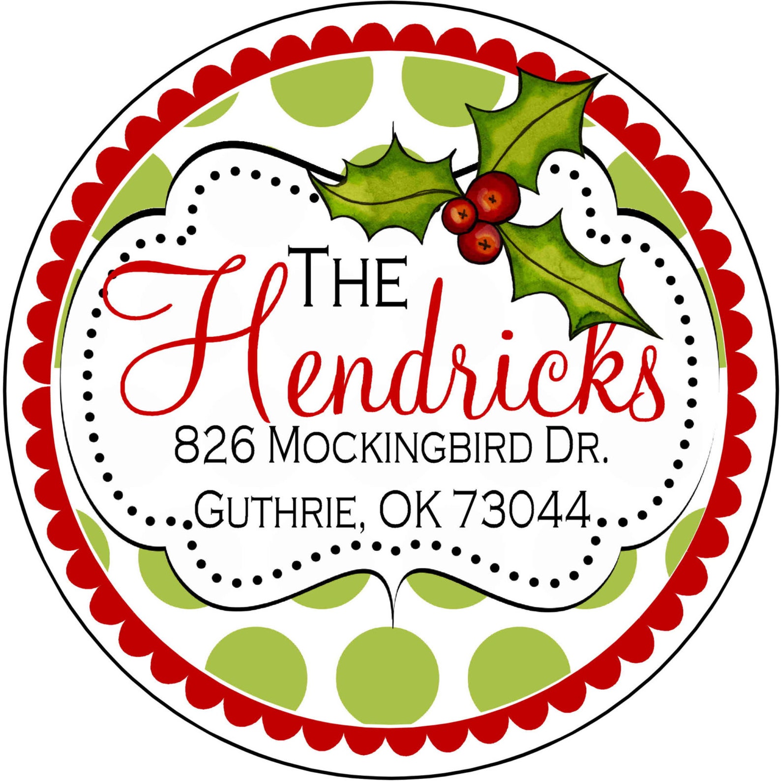 Christmas Round Return Address Labels, Polka Dot and Traditional Holly ...