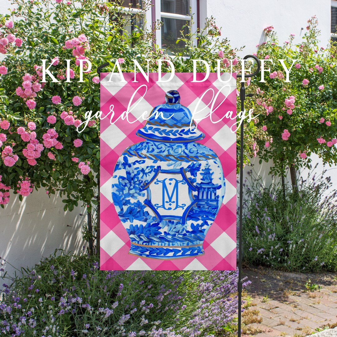 Ginger Jar in China Blue on Pink Gingham House or Garden Flag Mother's ...