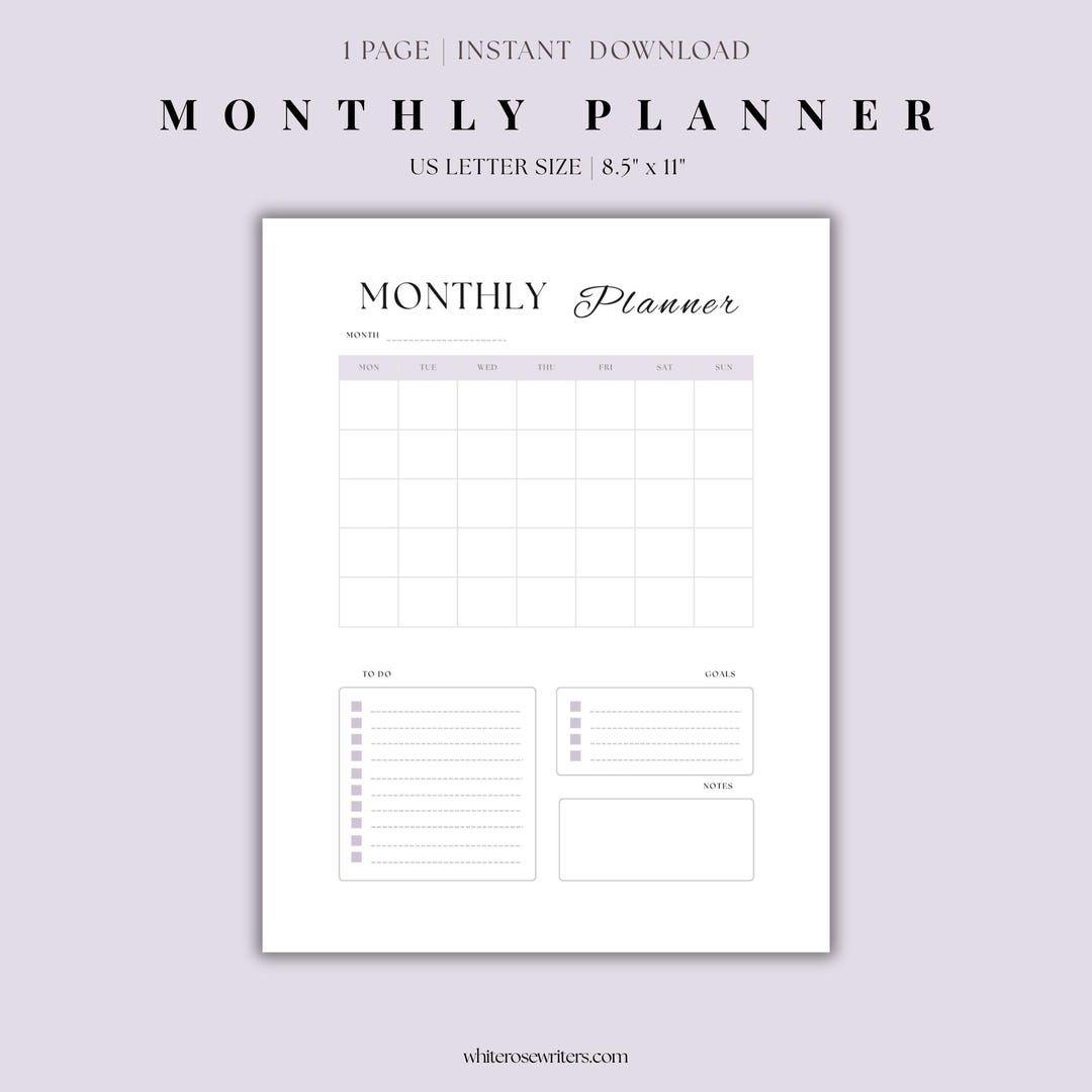 Monthly Planner Printable Page: Digital Download, US Letter | 8.5” X 11 ...