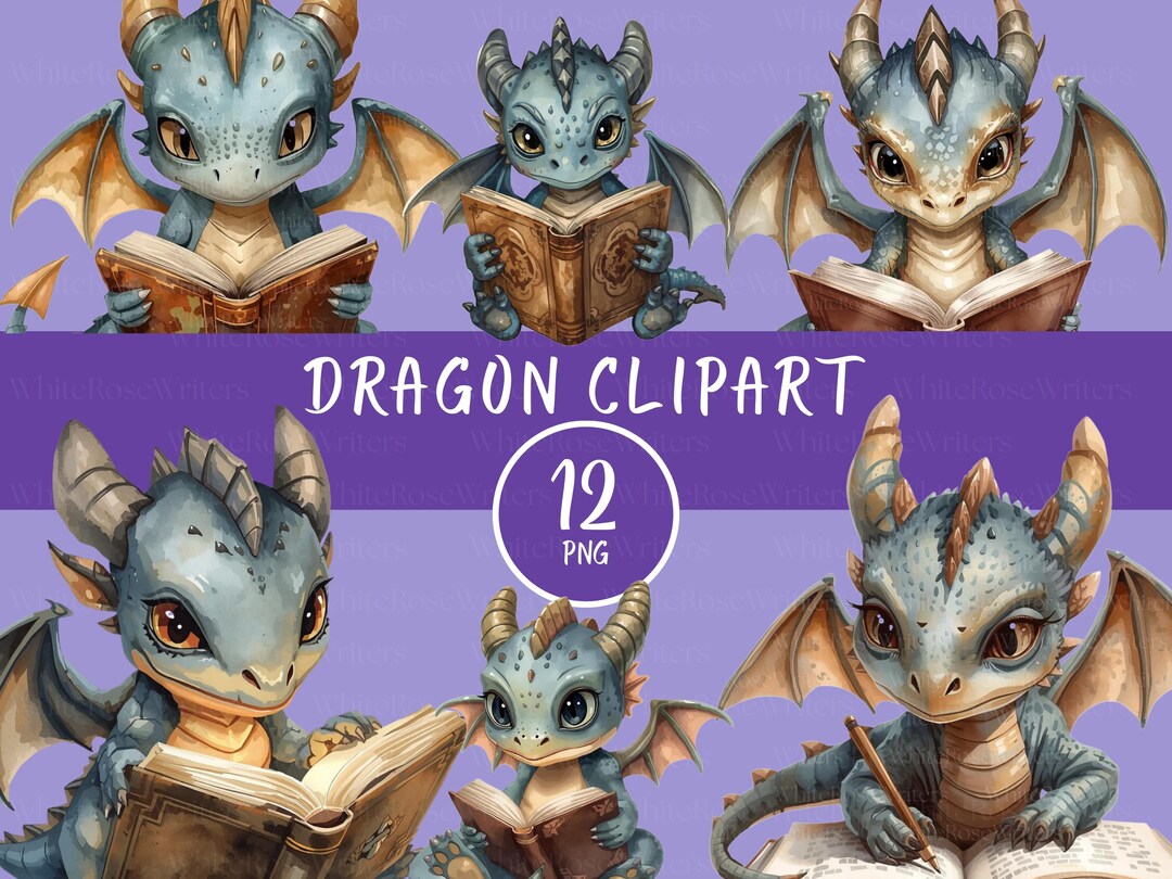 Cozy Academia Dragon Clipart Bundle, Watercolour Dragons With Books ...