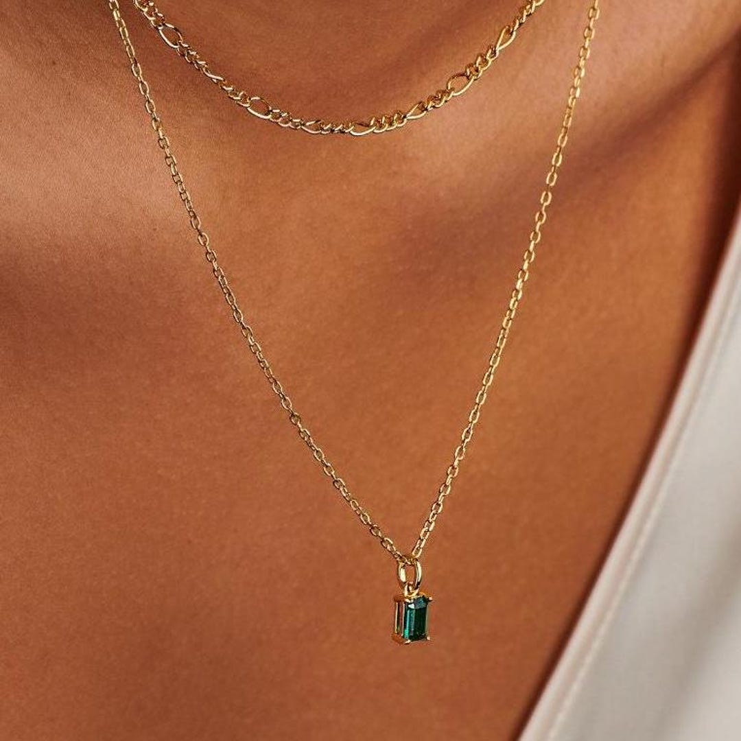 Birthstone Layered Necklace: 14k Gold Plated Figaro and Birthstone ...