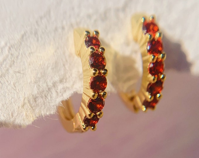 Garnet Huggie Hoop Earrings, Gold Garnet Hoops, Pave Cartilage Hoops ...