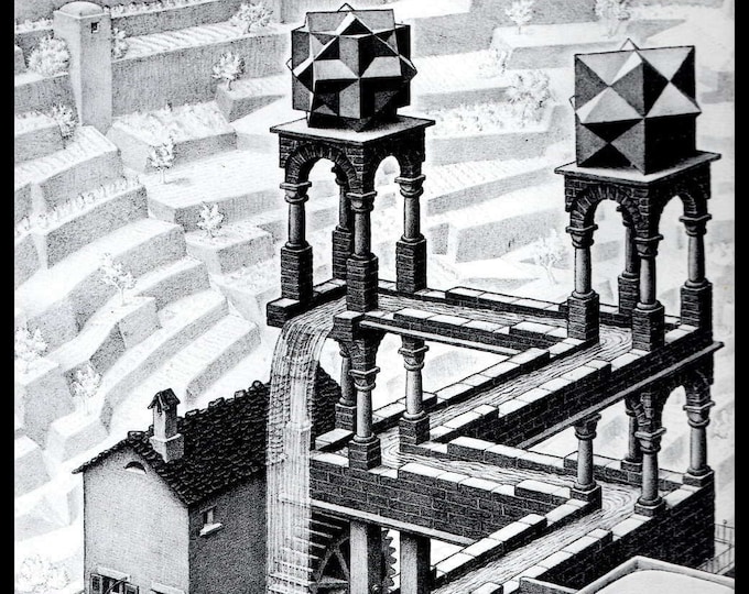 MC Escher Print, Escher Art, waterfall, Circa 1961, Vintage Print, Book Plate Page, Fantasy ...