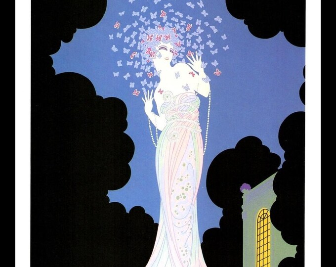 Erte 1982 the WAVE Matted Print Beautiful Erte MERMAID SWIMMER in Ocean ...