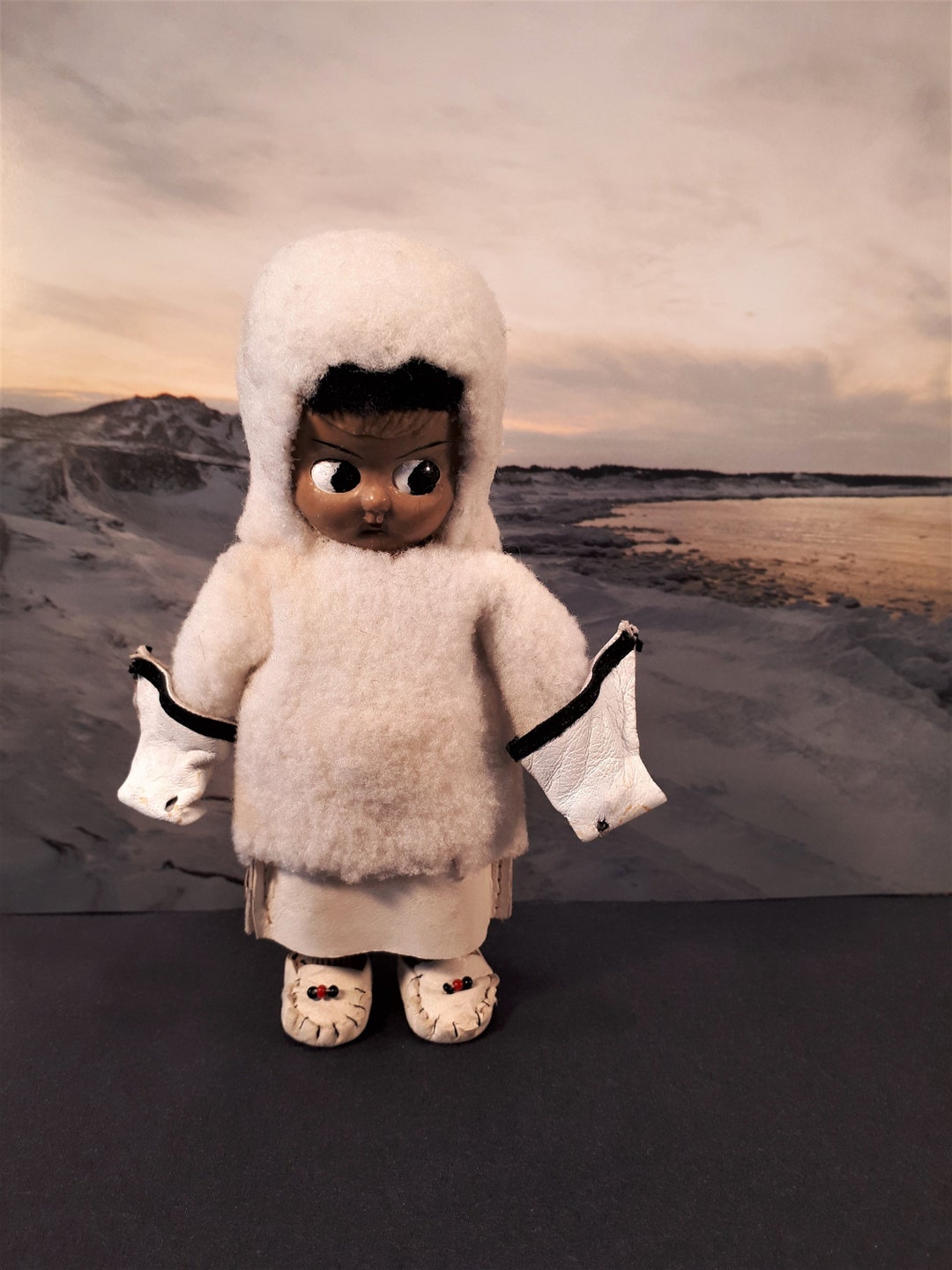 Standing Hard Plastic Eskimo/inuit Sleepy Eye Doll With Leather Skirt ...