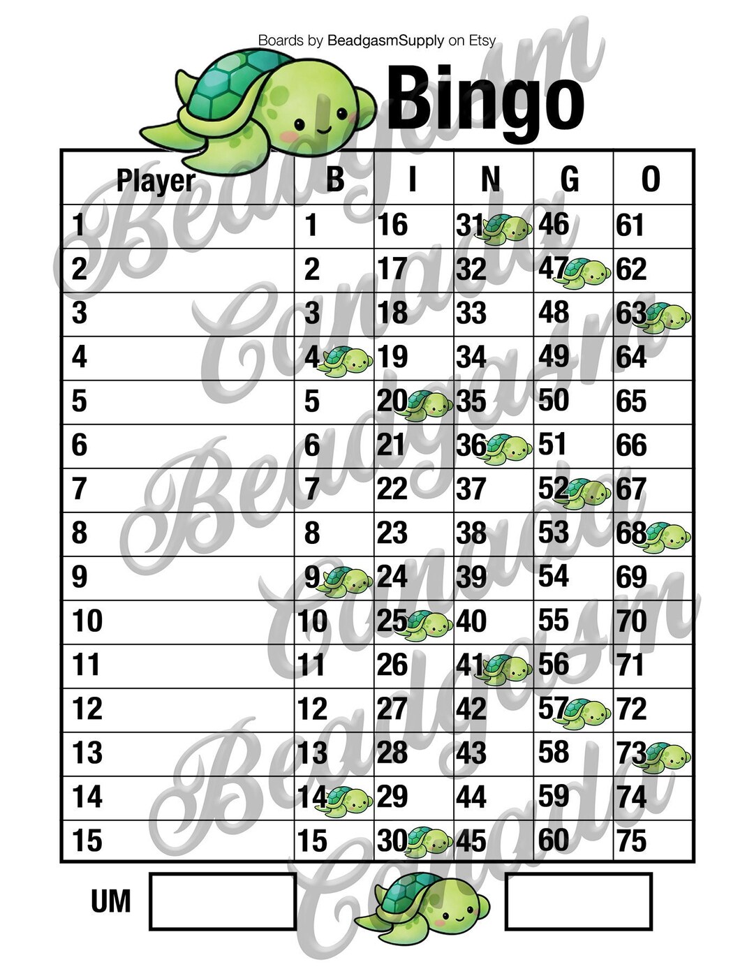 Tiny Turtle Bingo Board 2 Prize Random and Straight - Etsy