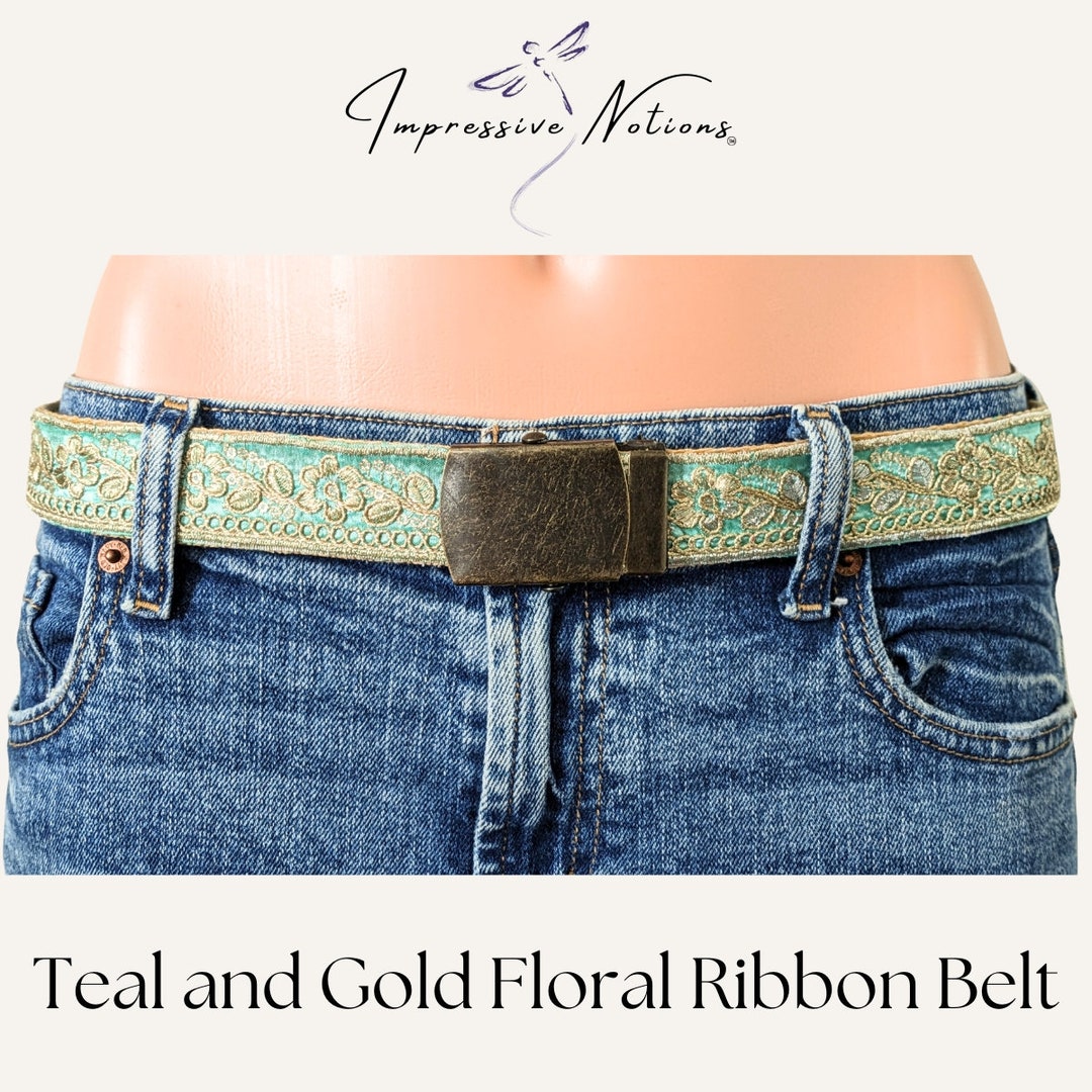 Women's Floral Teal & Gold Fabric Belt. Flower Embroidered Jacquard ...