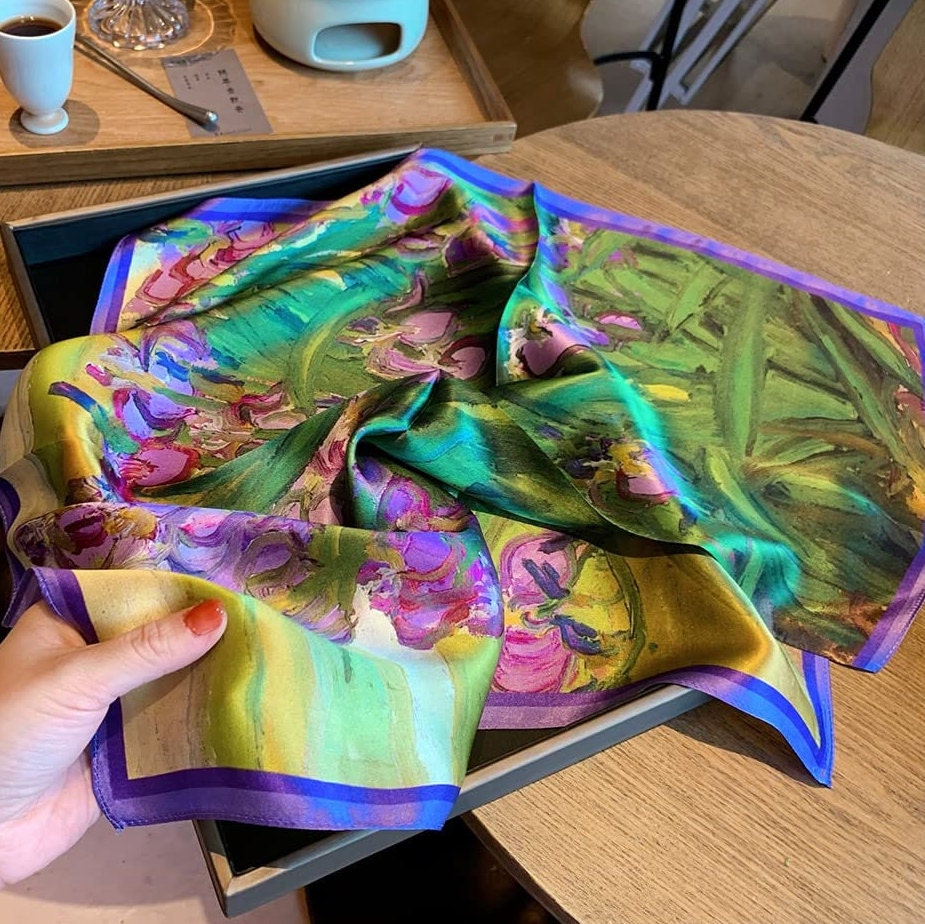 100% Mulberry Silk, Van Gogh-style Irises Scarf. Floral Teal Headband ...