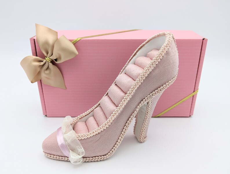 Pink High Heeled Jewelry Display Box. Satin and Velvet Ring and Earring ...